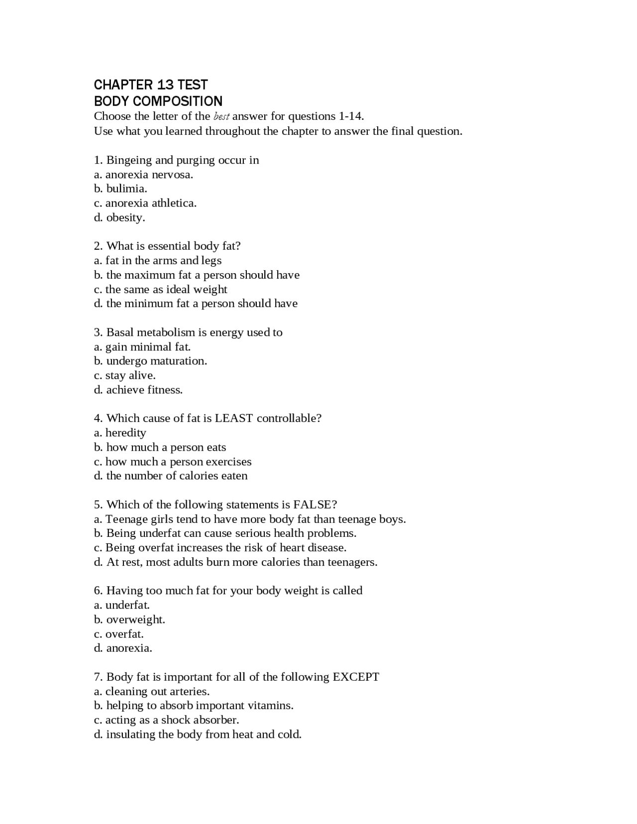 Chapter 13 Body Composition Assignments Physical Education Docsity