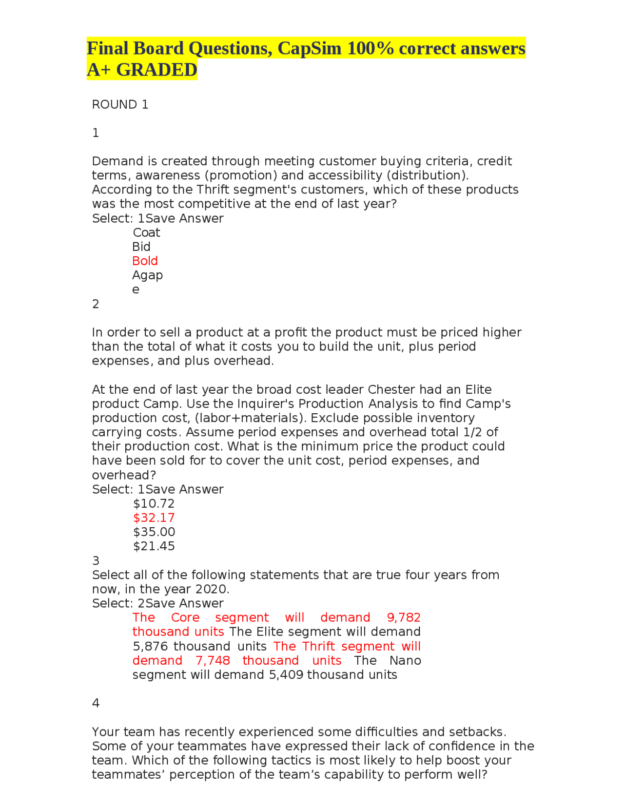 Final Board Questions, CapSim 100% correct answers A+ GRADED | Exams ...