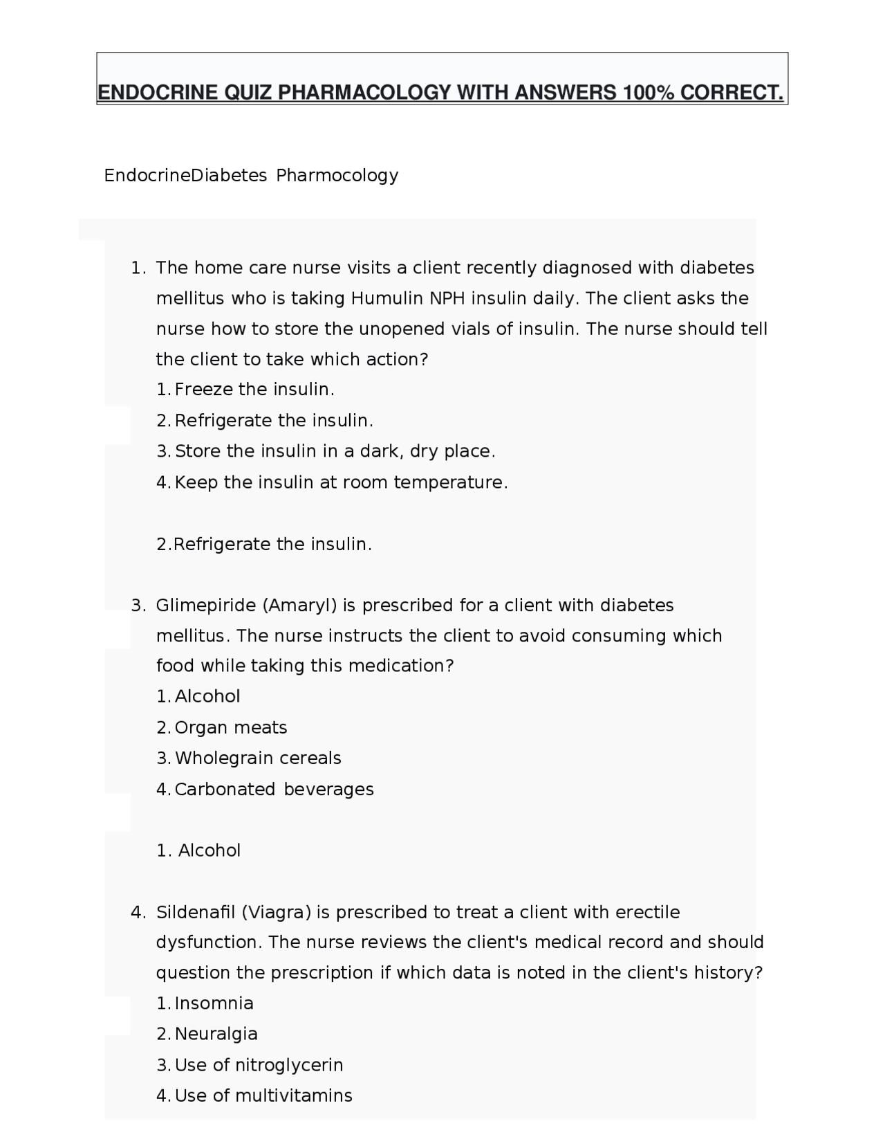 ENDOCRINE QUIZ PHARMACOLOGY WITH ANSWERS 100% CORRECT. | Exams Nursing ...