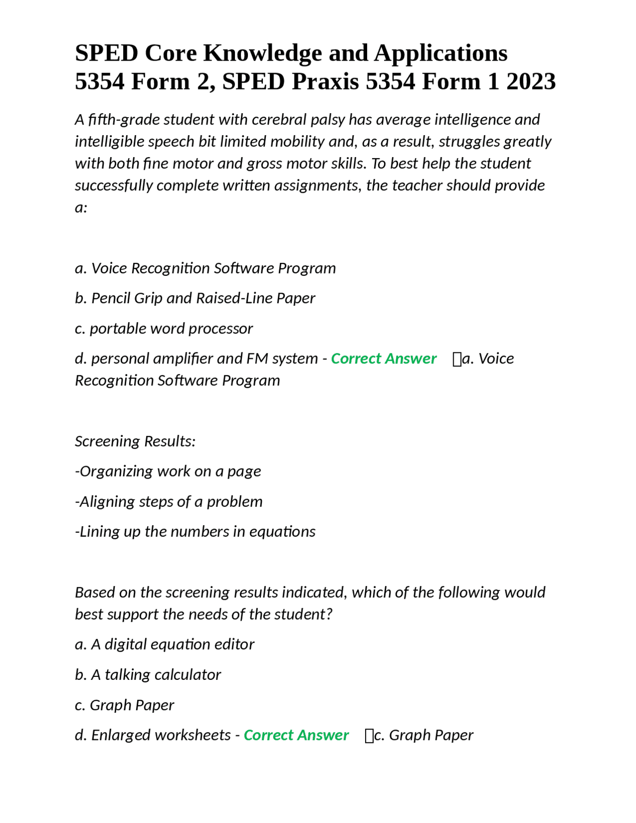 SPED Core Knowledge and Applications 5354 Form 2, SPED Praxis 5354 Form ...