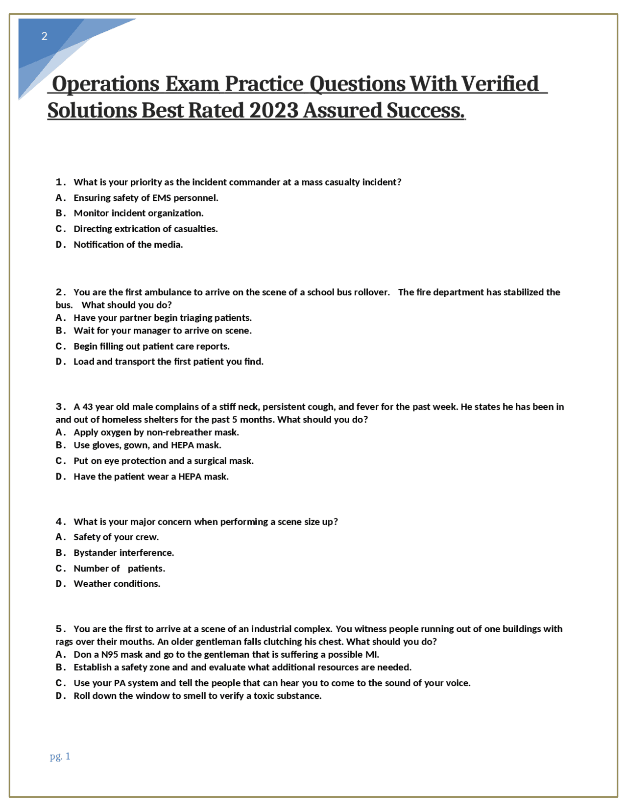 EMS Operations Exam Practice Questions | Exams Humanities | Docsity