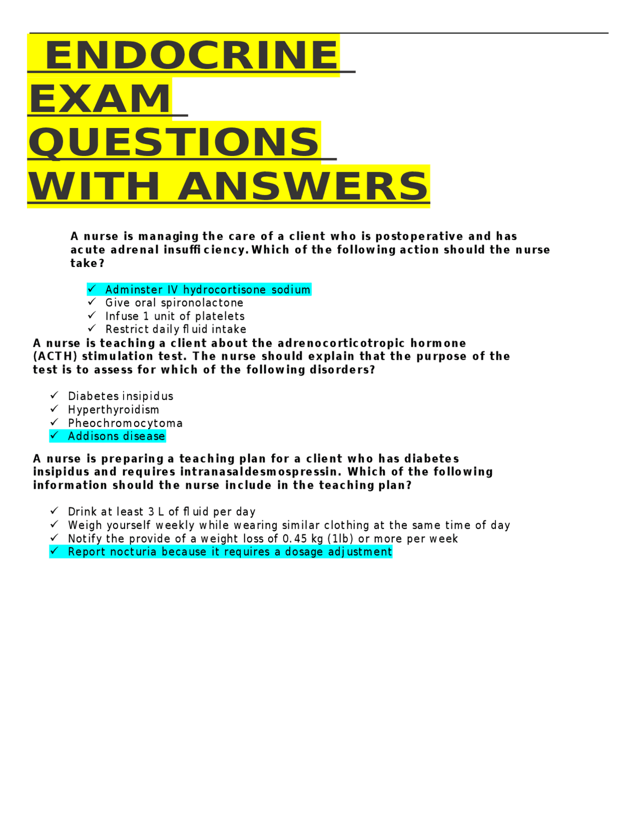Endocrine Exam Questions With Answers Exams Nursing Docsity