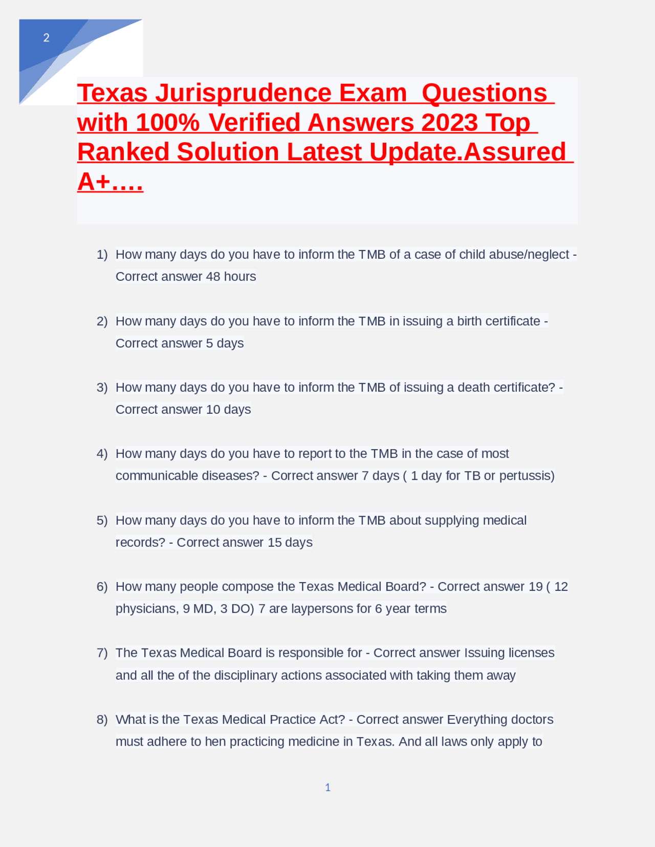 Texas Jurisprudence Exam Questions With 100 Verified Answers 2023