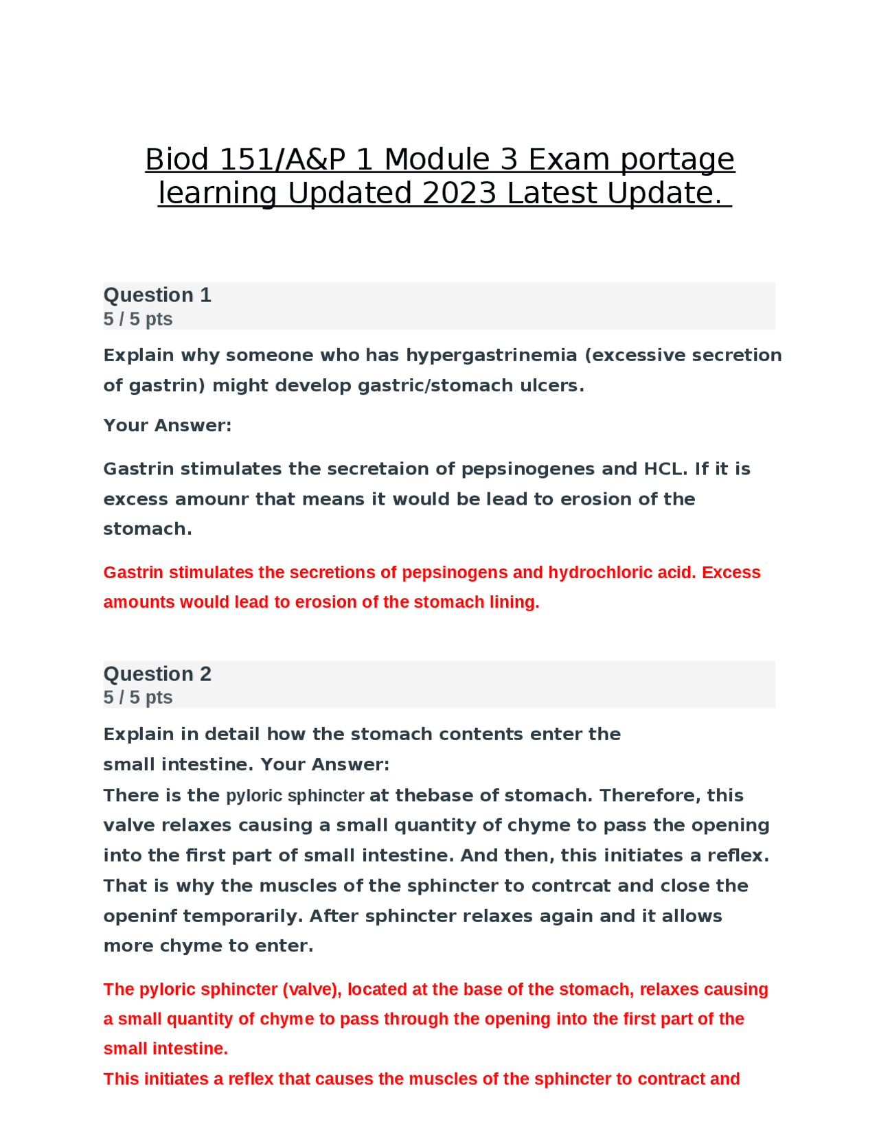 Biod 151/A&P 1 Module 3 Exam portage learning Updated 2023 Latest ...
