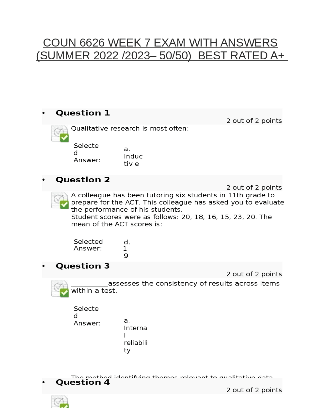 COUN 6626 WEEK 7 EXAM WITH ANSWERS (SUMMER 2022 /2023– 50/50) BEST ...