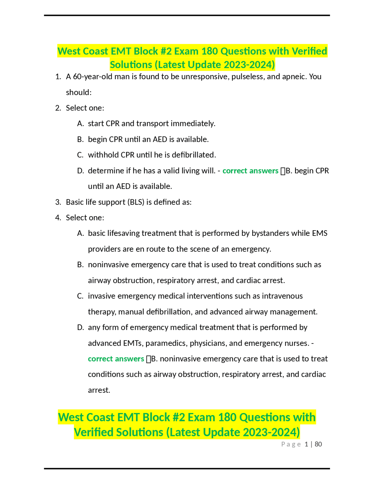 West Coast Emt Block 2 Exam 180 Questions With Verified Solutions