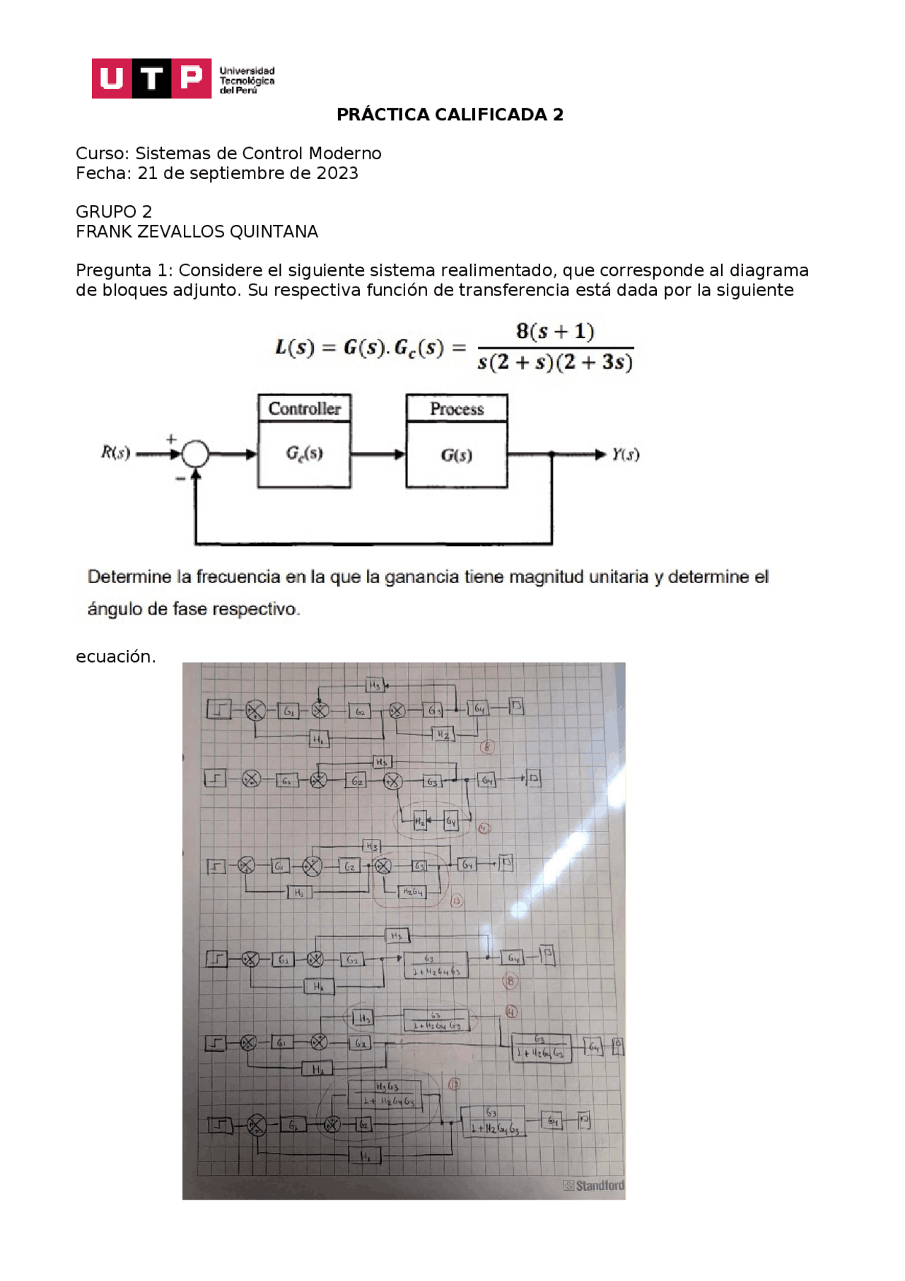 Practica Calificada N°1 Exámenes De Sistemas De Control Docsity
