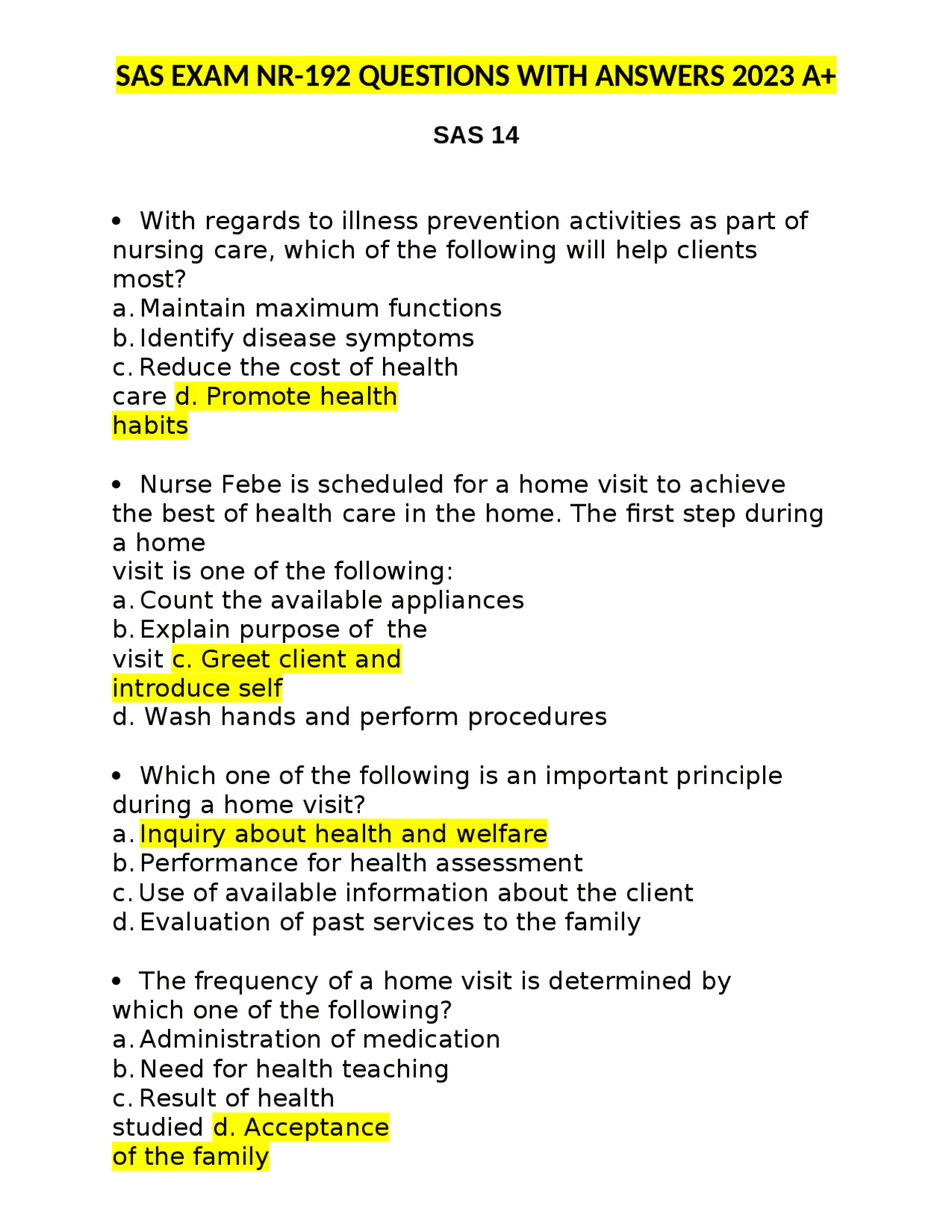 SAS EXAM NR-192 QUESTIONS WITH ANSWERS 2023 A+ | Exams Nursing | Docsity