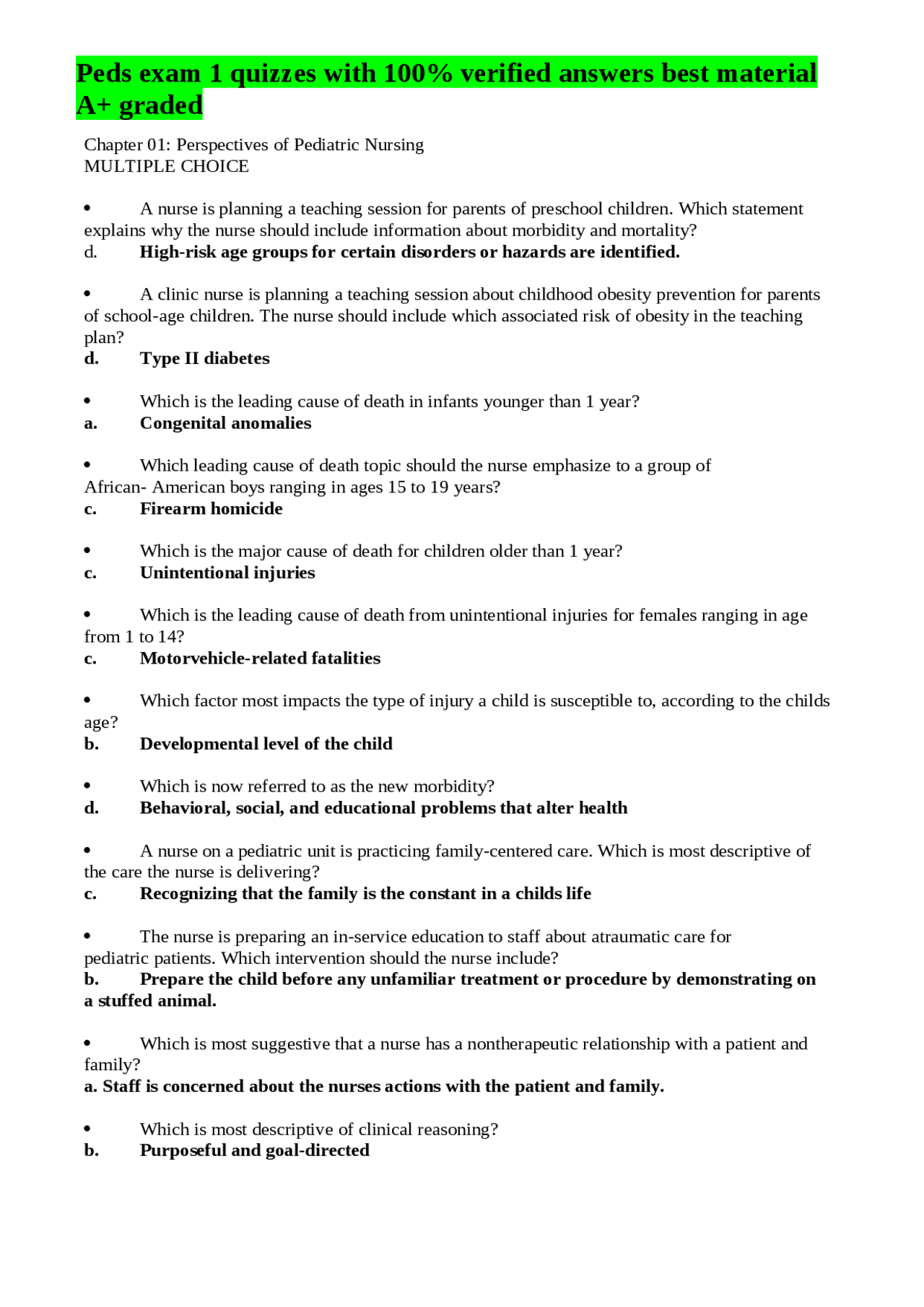 Pediatric Nursing Exam 1 Quizzes with Verified Answers | Exams ...