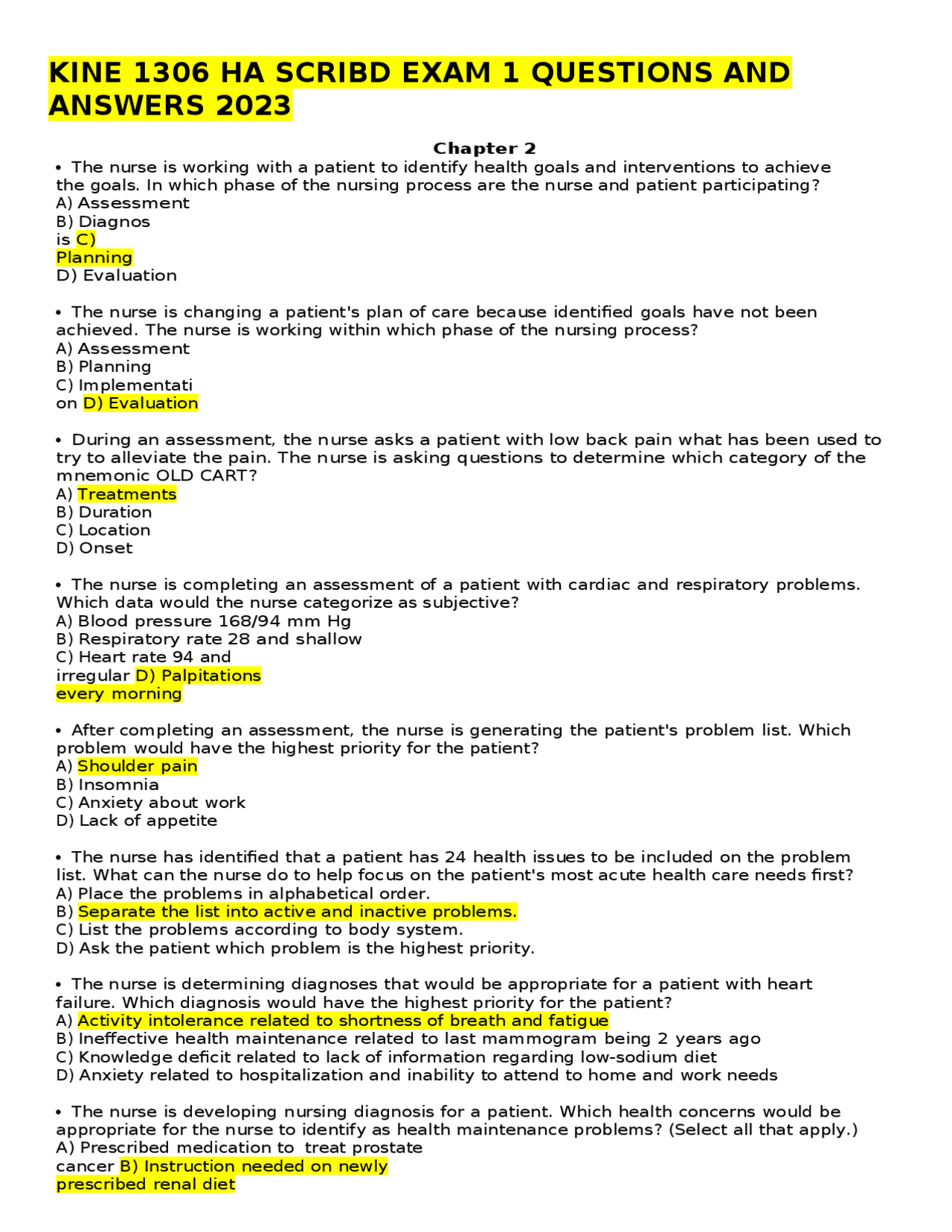 KINE 1306 HA Scribd Exam 1 Questions and Answers 2023 | Exams Nursing | Docsity