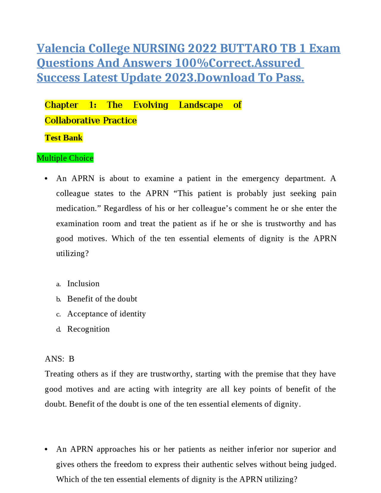 Valencia College NURSING 2022 BUTTARO TB 1 Exam Questions And Answers ...