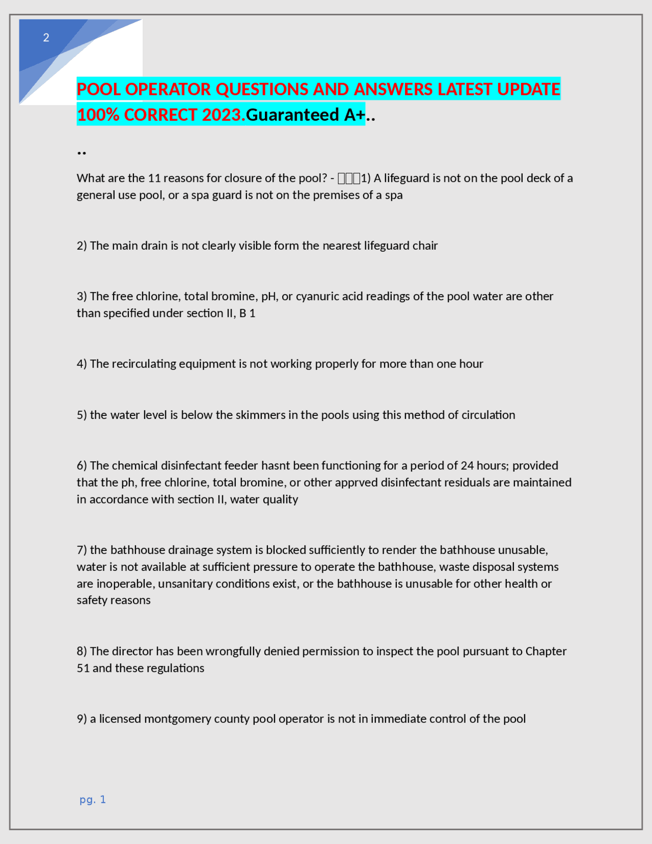 POOL OPERATOR |QUESTIONS AND ANSWERS\LATEST UPDATE 100% CORRECT 2023 ...