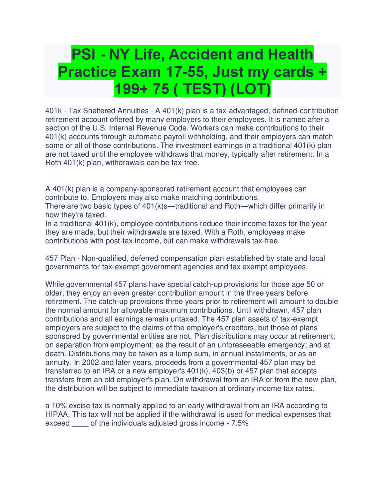 PSI - NY Life, Accident and Health Practice Exam 17-55, Just my cards ...