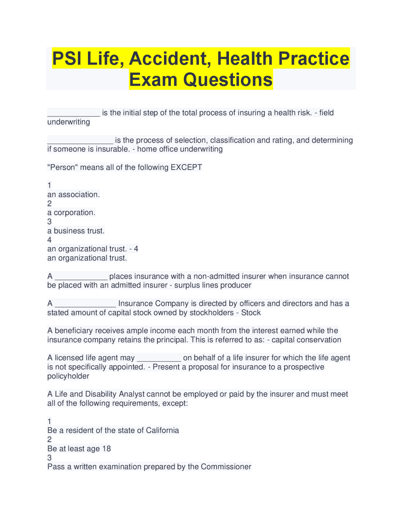 PSI Life, Accident, Health Practice Exam Questions | Exams Nursing ...