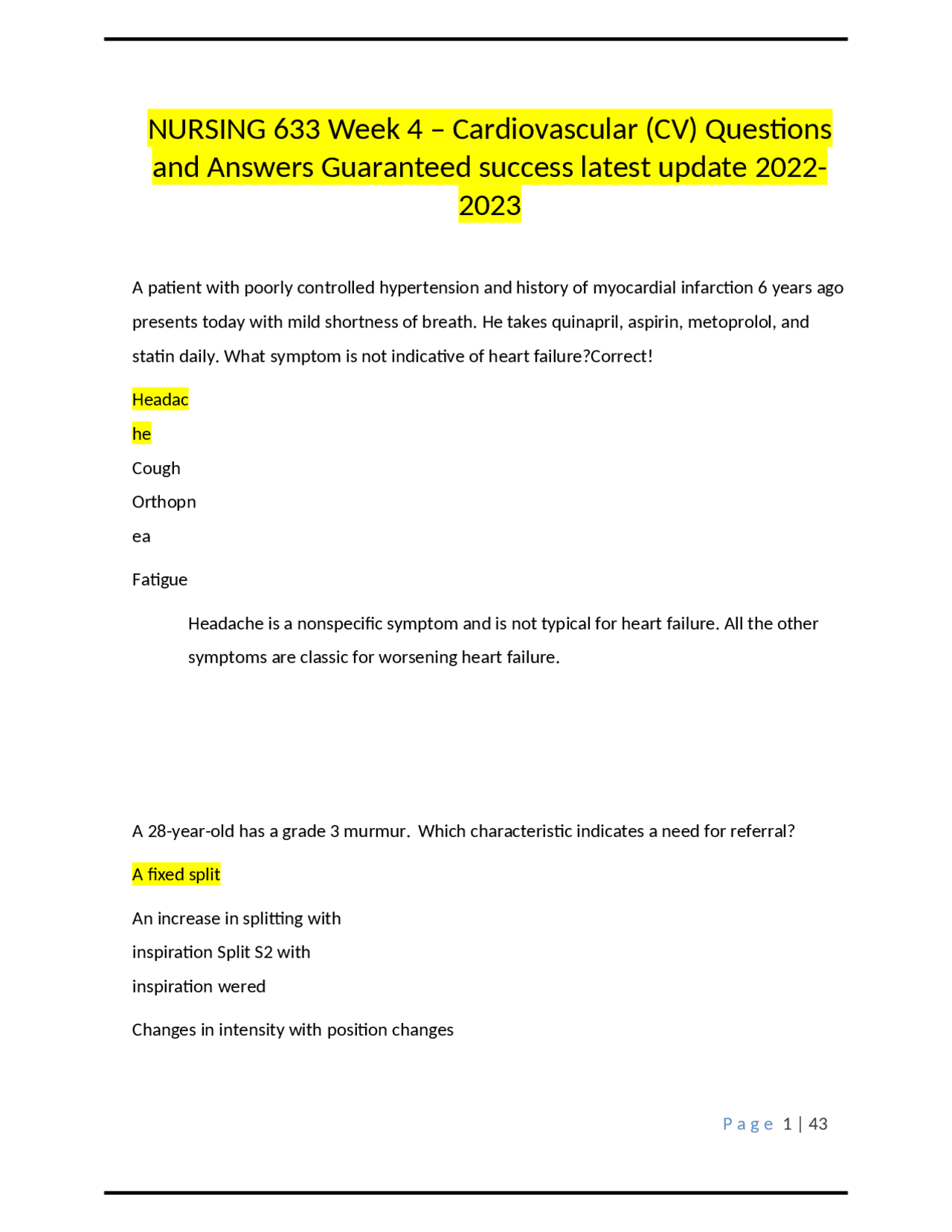 NURSING 633 Week 4 – Cardiovascular (CV) Questions and Answers ...