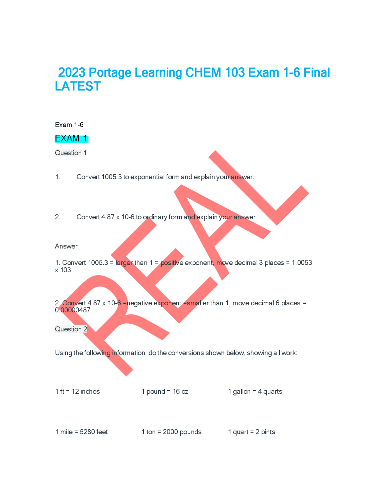 Portage Learning / CHEM 103 / Exam 1-6 Final Updated 2022-2023, Exams ...