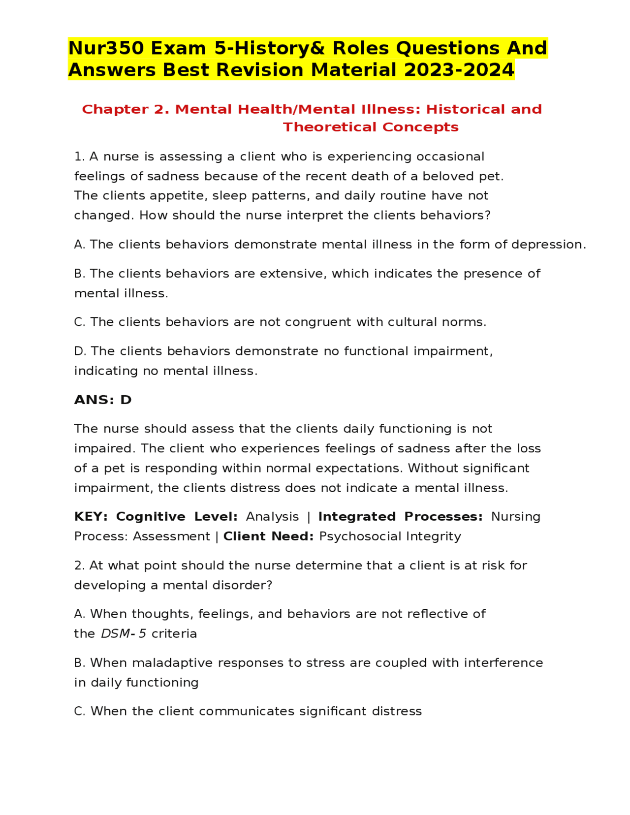 Nur350 Exam 5-History& Roles Questions And Answers Best Revision ...