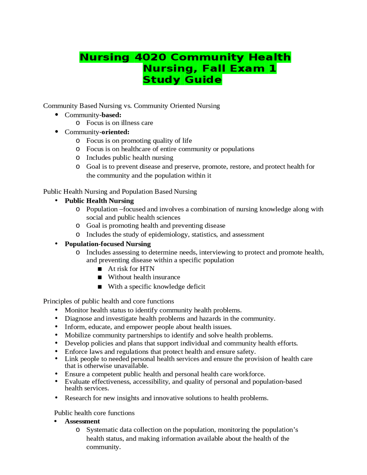 Community Health Nursing Exam Study Guide | Exams Nursing | Docsity