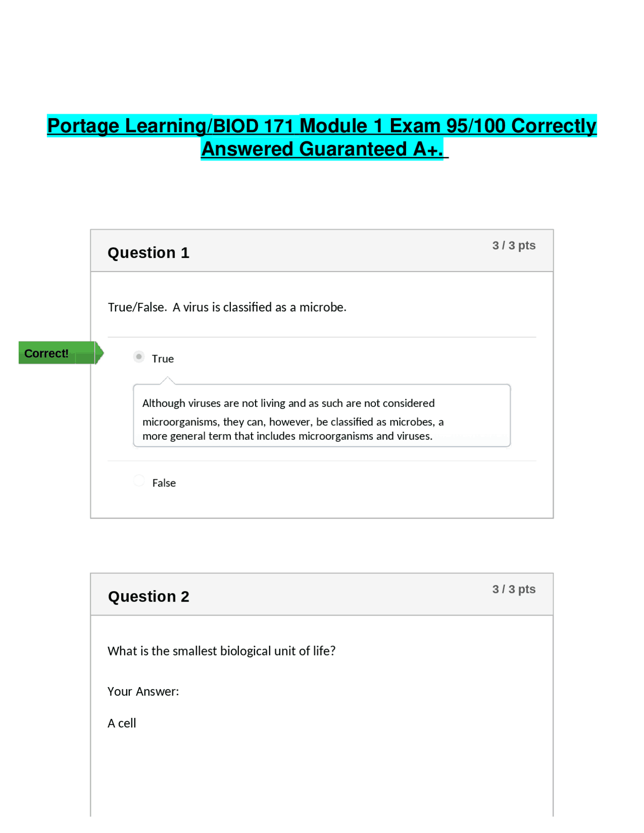 Portage Learning/BIOD 171 Module 1 Exam 95/100 Correctly Answered ...