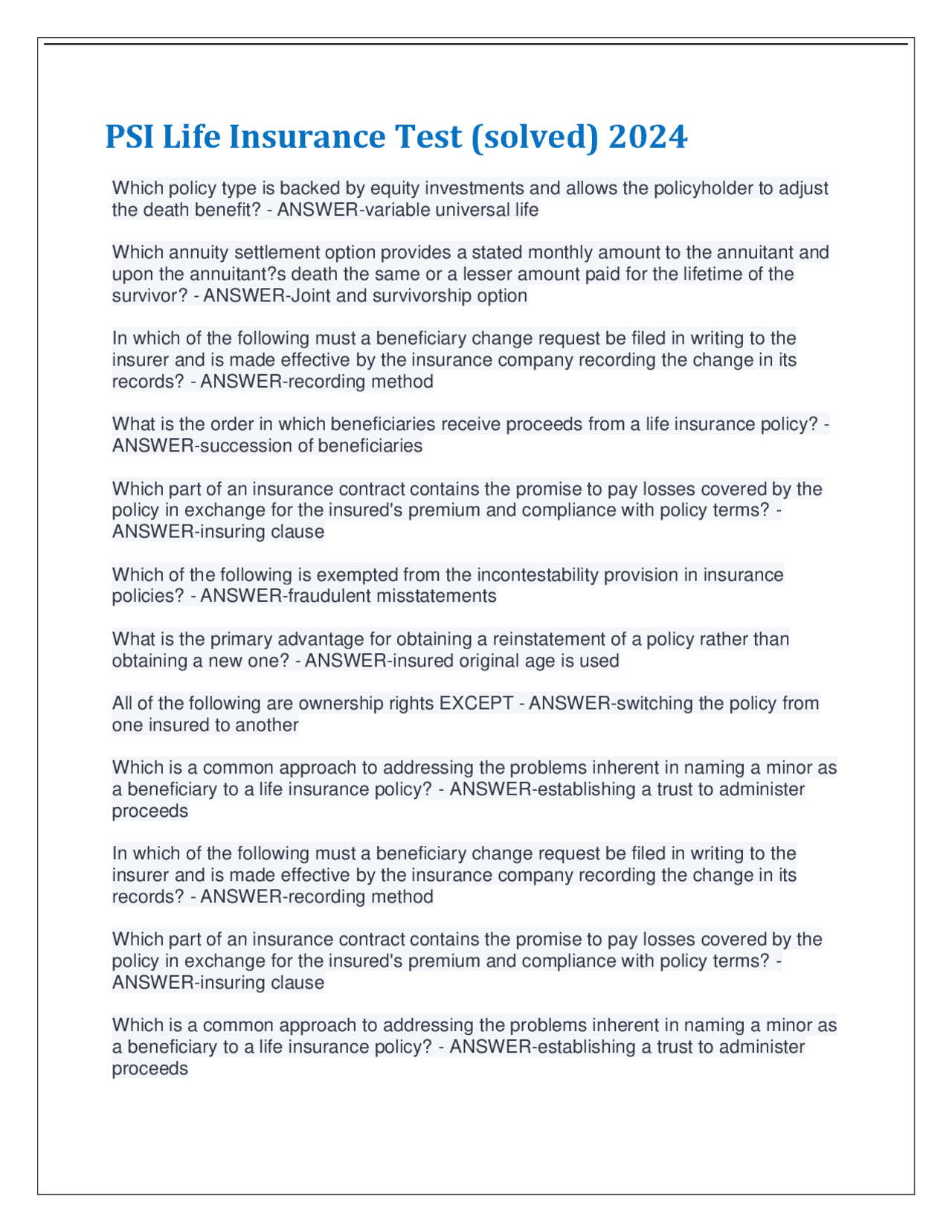 PSI Life Insurance Test (solved) 2024 | Exams Nursing | Docsity