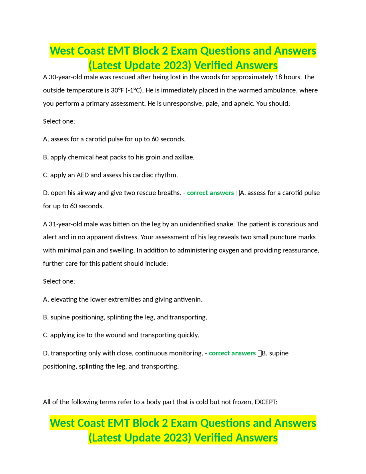 West Coast EMT Block 2 Exam Questions and Answers (Latest Update 2023 ...