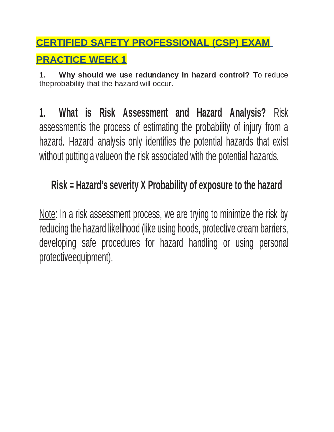 CERTIFIED SAFETY PROFESSIONAL (CSP) EXAM PRACTICE WEEK 1 | Exams ...