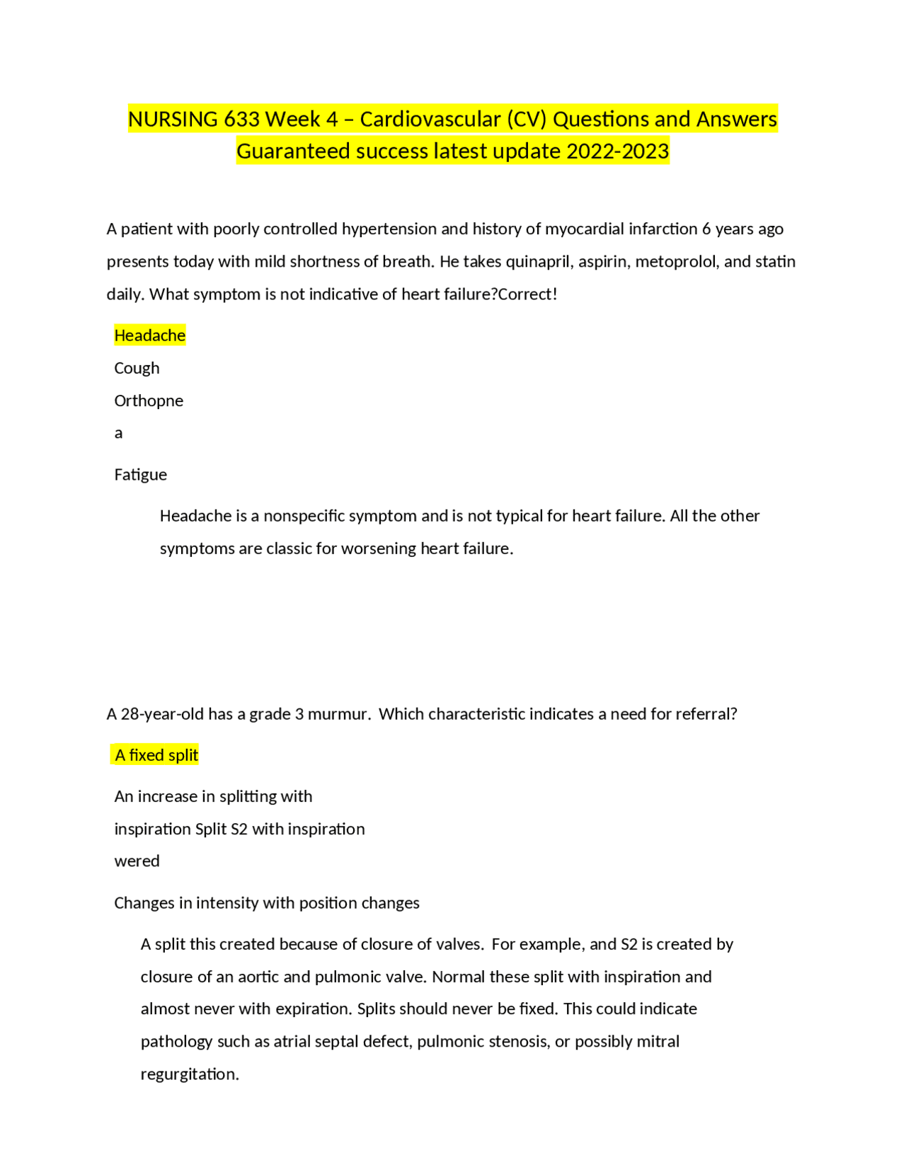NURSING 633 Week 4 – Cardiovascular (CV) Questions and Answers ...