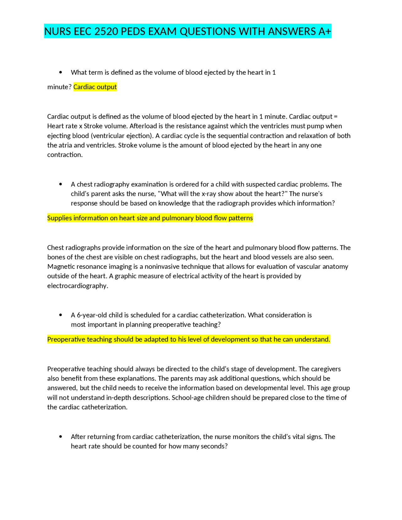 Nurs Eec 2520 Peds Exam Questions With Answers A Exams Nursing Docsity