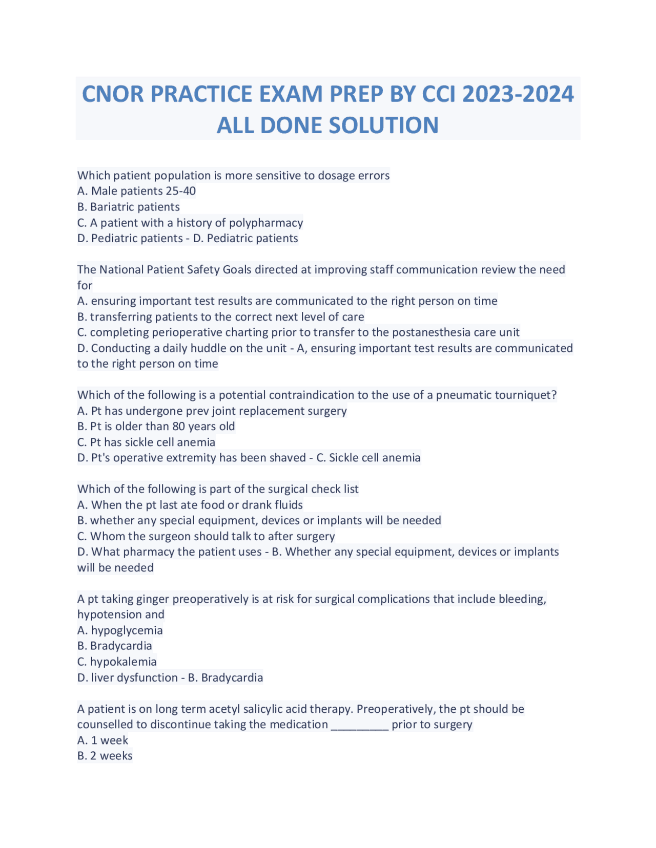 CNOR PRACTICE EXAM PREP BY CCI 2023-2024 ALL DONE SOLUTION GRADED A+ ...