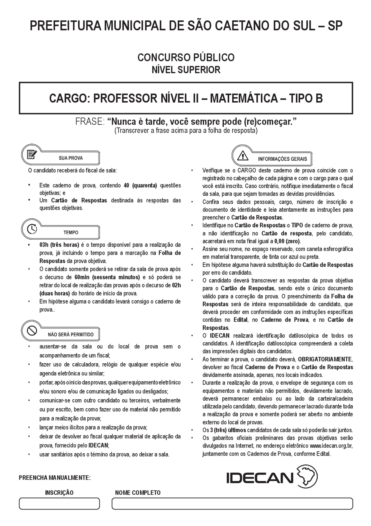 Idecan Provas Anteriores Professor - RETOEDU