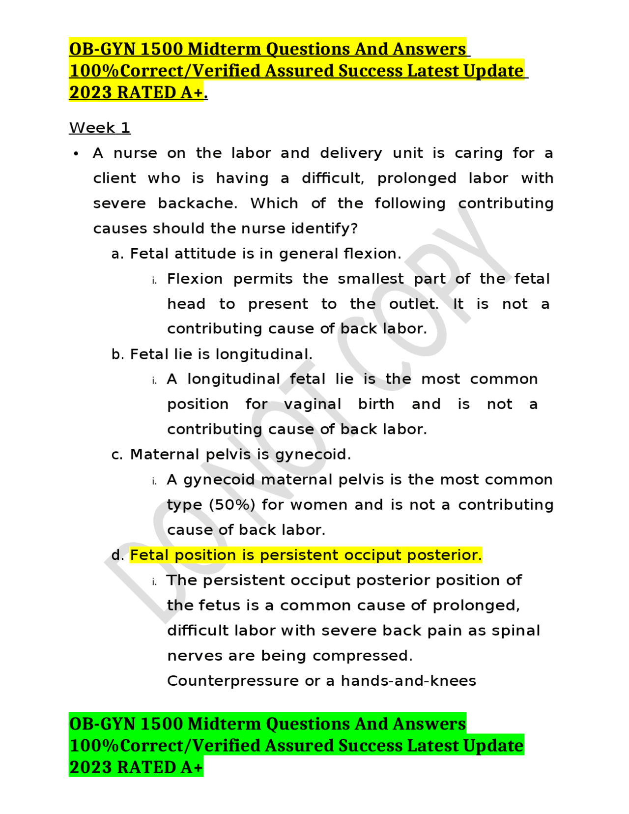 OB-GYN 1500 Midterm Questions and Answers | Exams Health sciences | Docsity