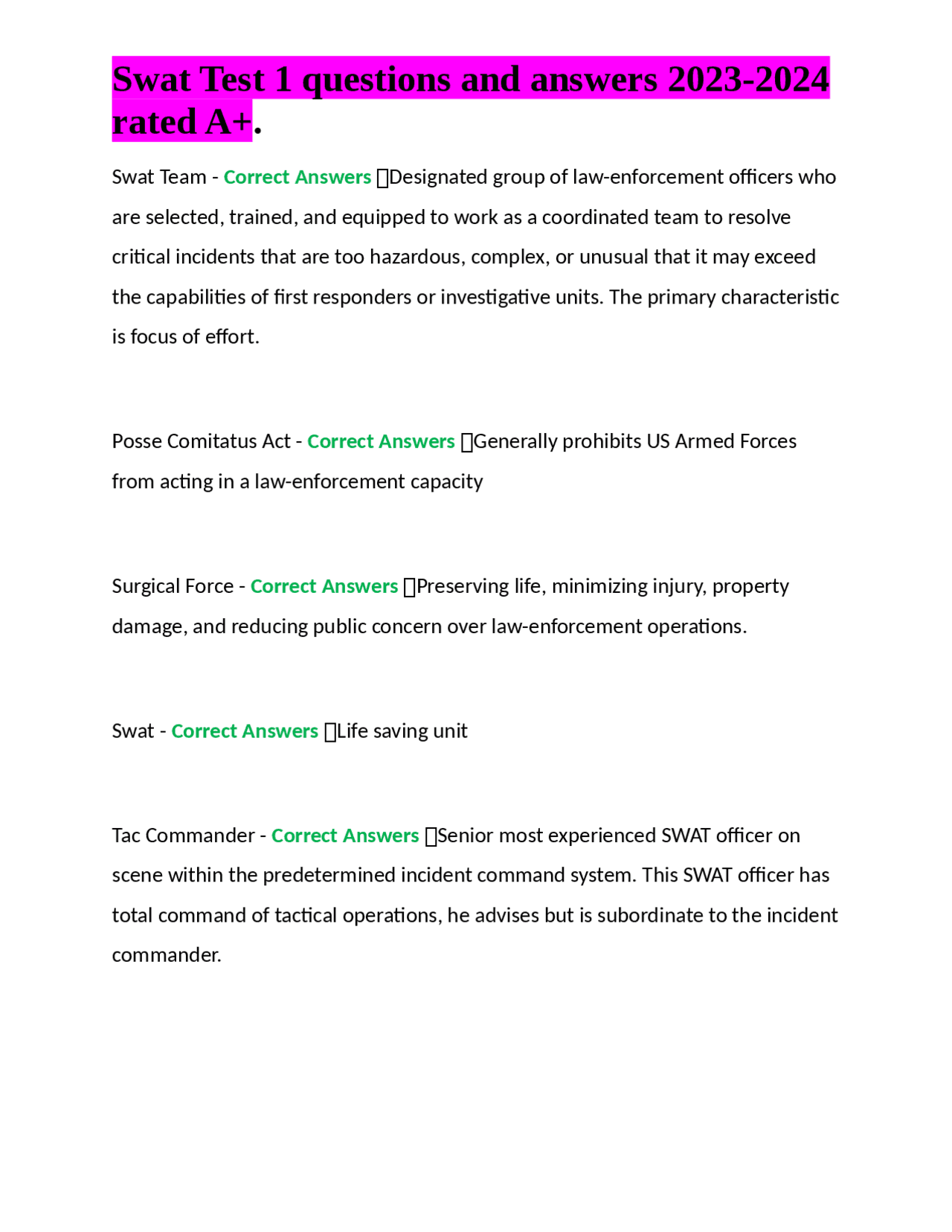 Swat Test 1 questions and answers 2023-2024 rated A+ | Exams Nursing ...