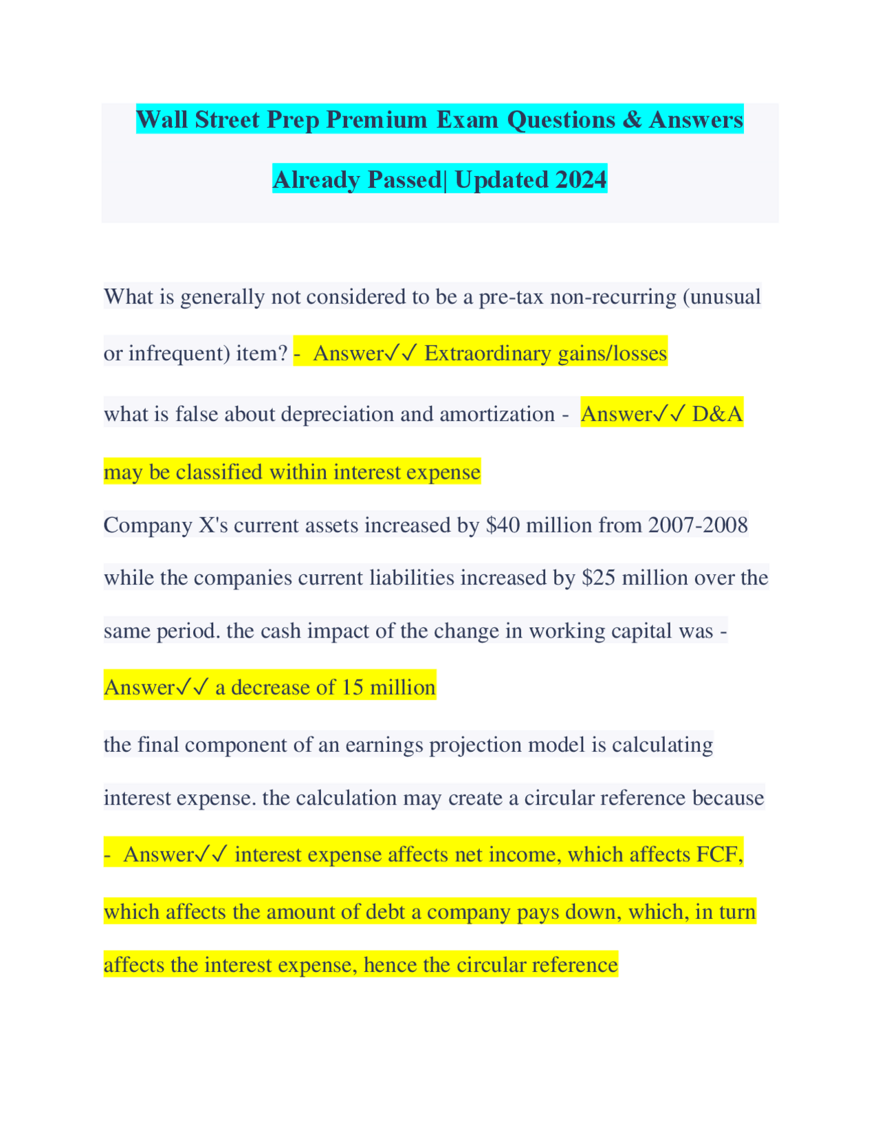 Wall Street Prep Premium Exam Questions & Answers Already Passed ...