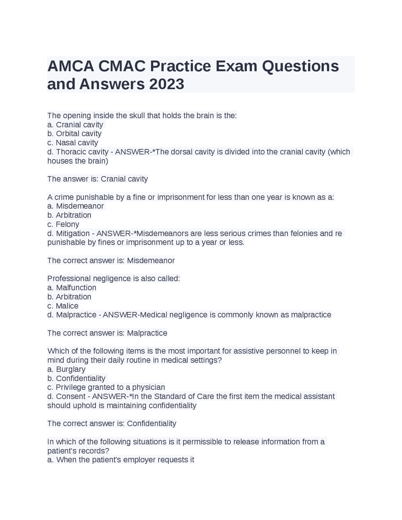 AMCA CMAC Practice Exam Questions and Answers 2023-2024 Graded A+ ...