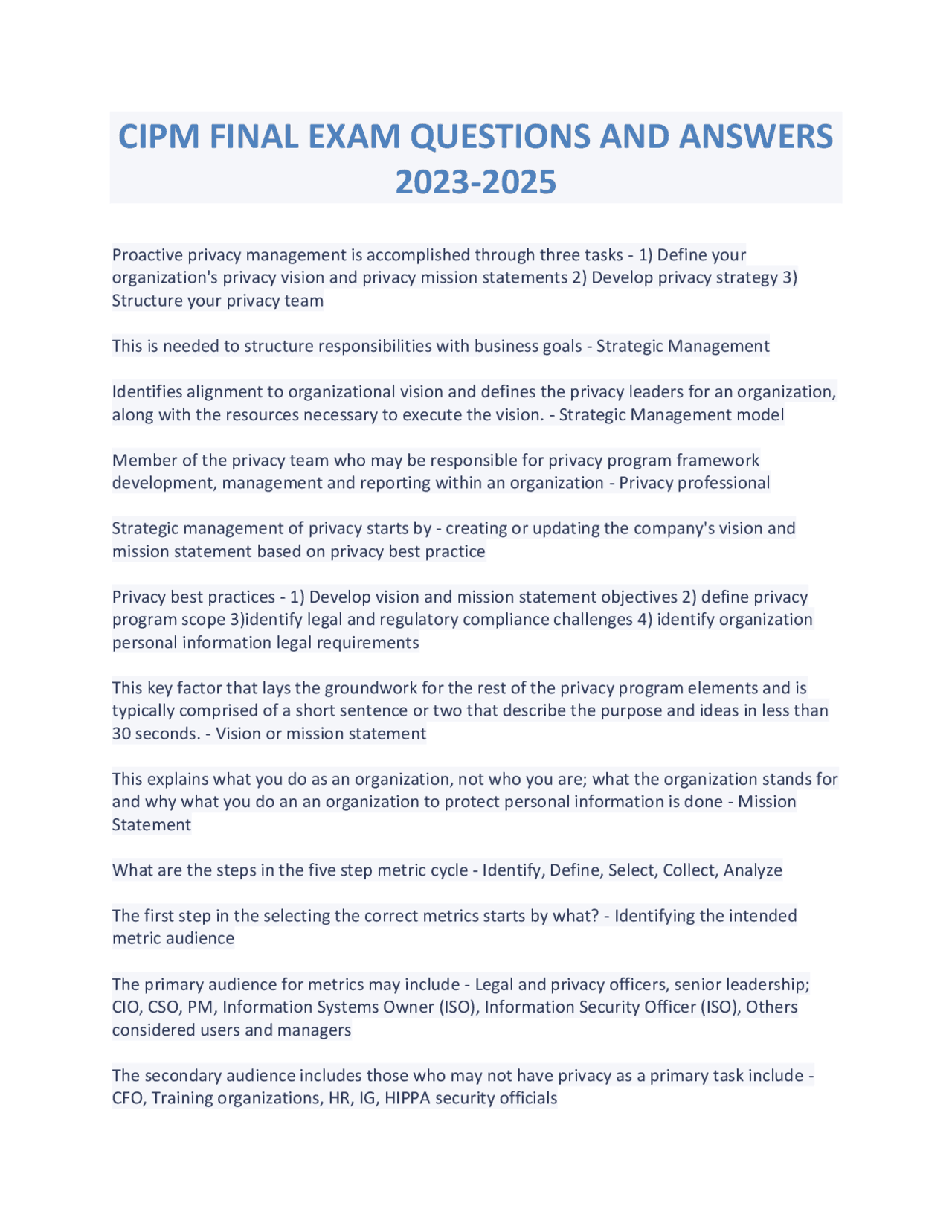 Proactive Privacy Management: CIPM Final Exam Questions and Answers ...