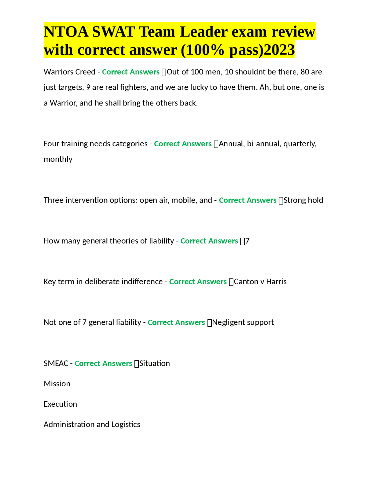 NTOA SWAT Team Leader exam review with correct answer (100% pass)2023 ...