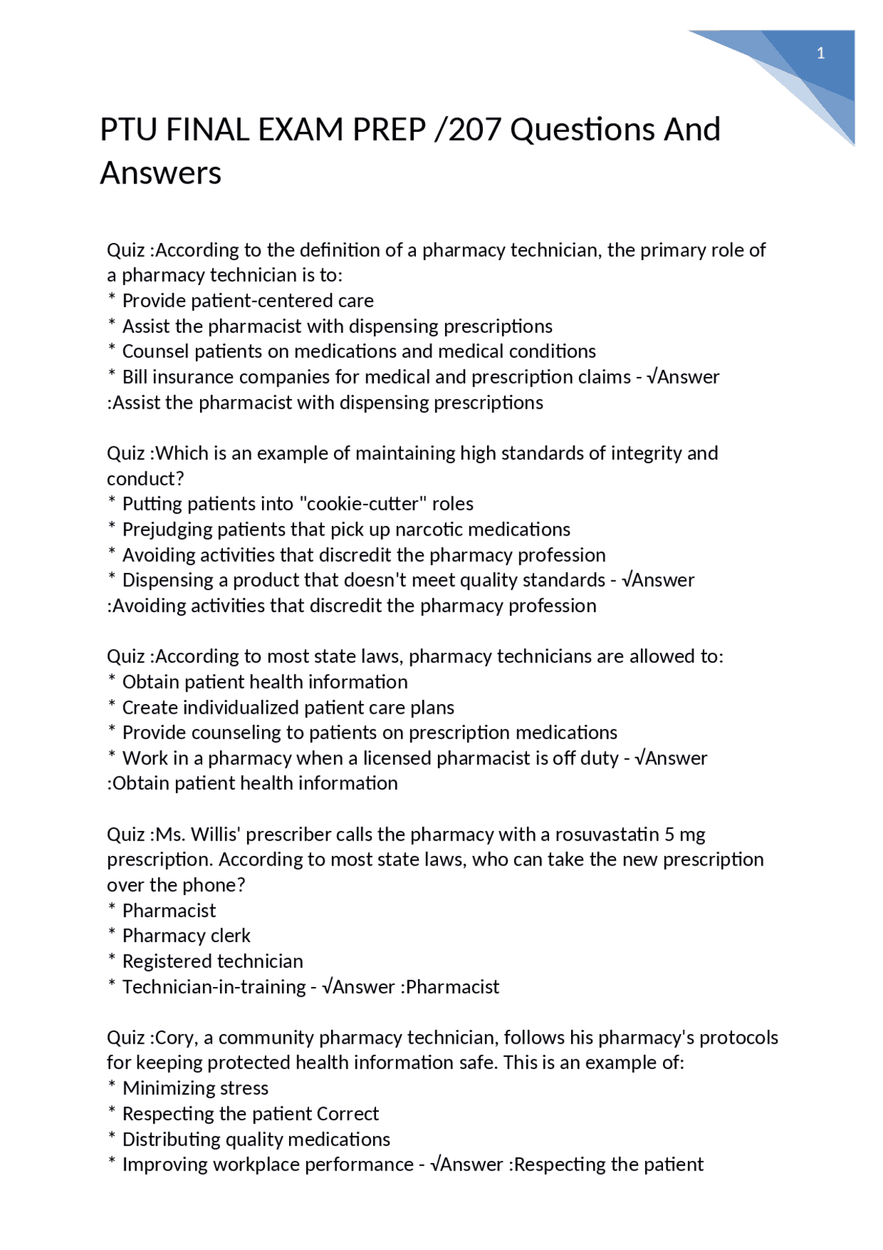 PTU FINAL EXAM PREP /207 Questions And Answers latest 2024/2025 | Exams ...