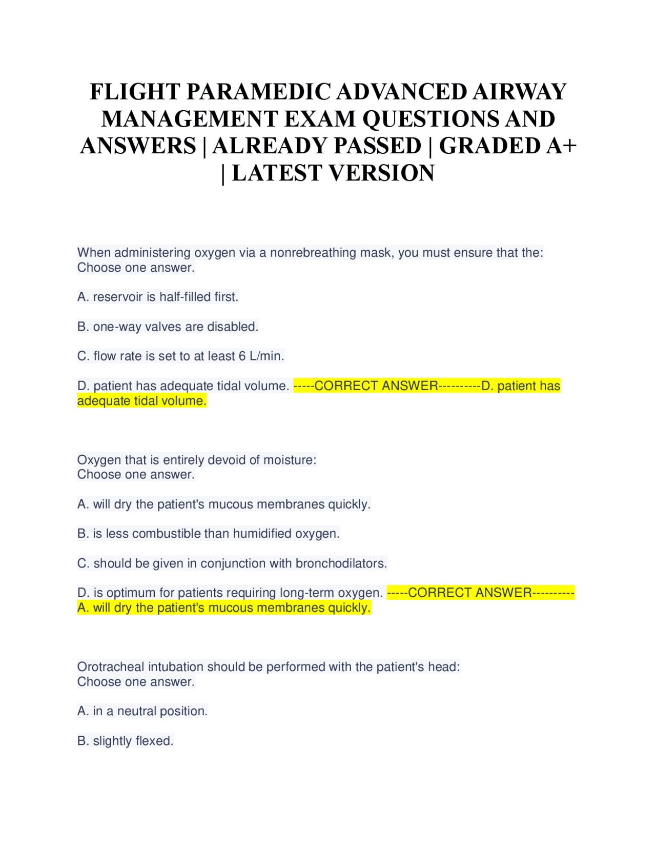 FLIGHT PARAMEDIC ADVANCED AIRWAY MANAGEMENT EXAM QUESTIONS AND ANSWERS ...