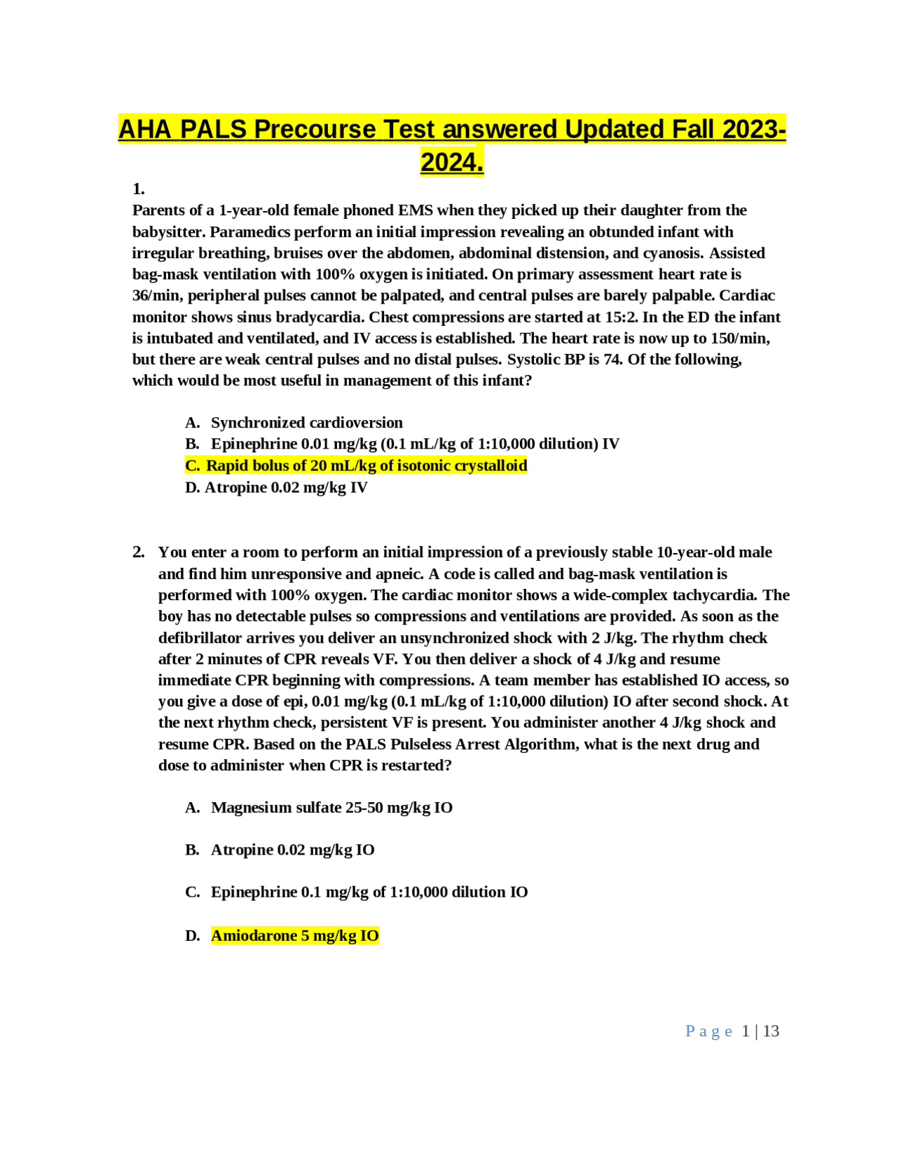 AHA PALS Precourse Test | Exams Health sciences | Docsity