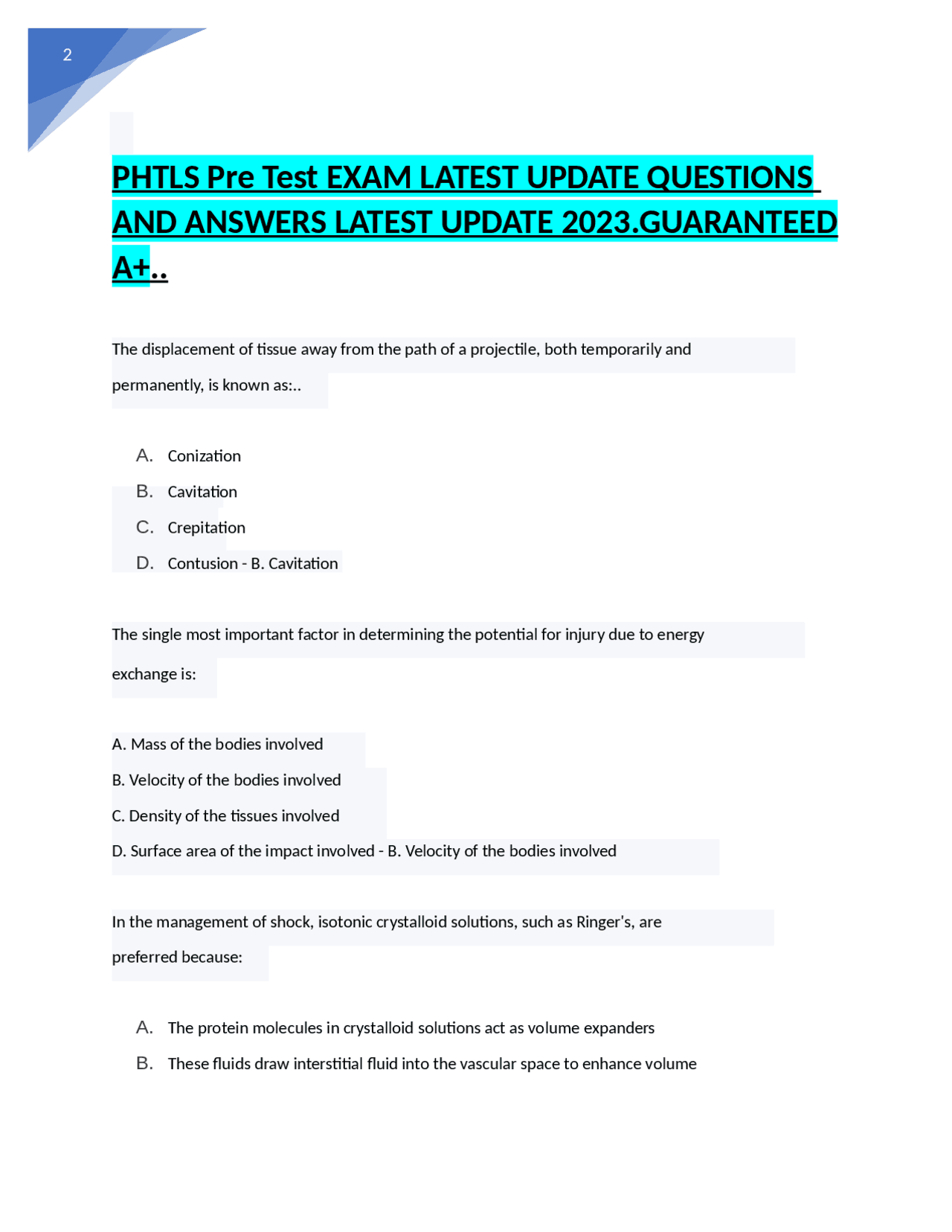 PHTLS Pre Test EXAM LATEST UPDATE QUESTIONS AND ANSWERS LATEST UPDATE ...