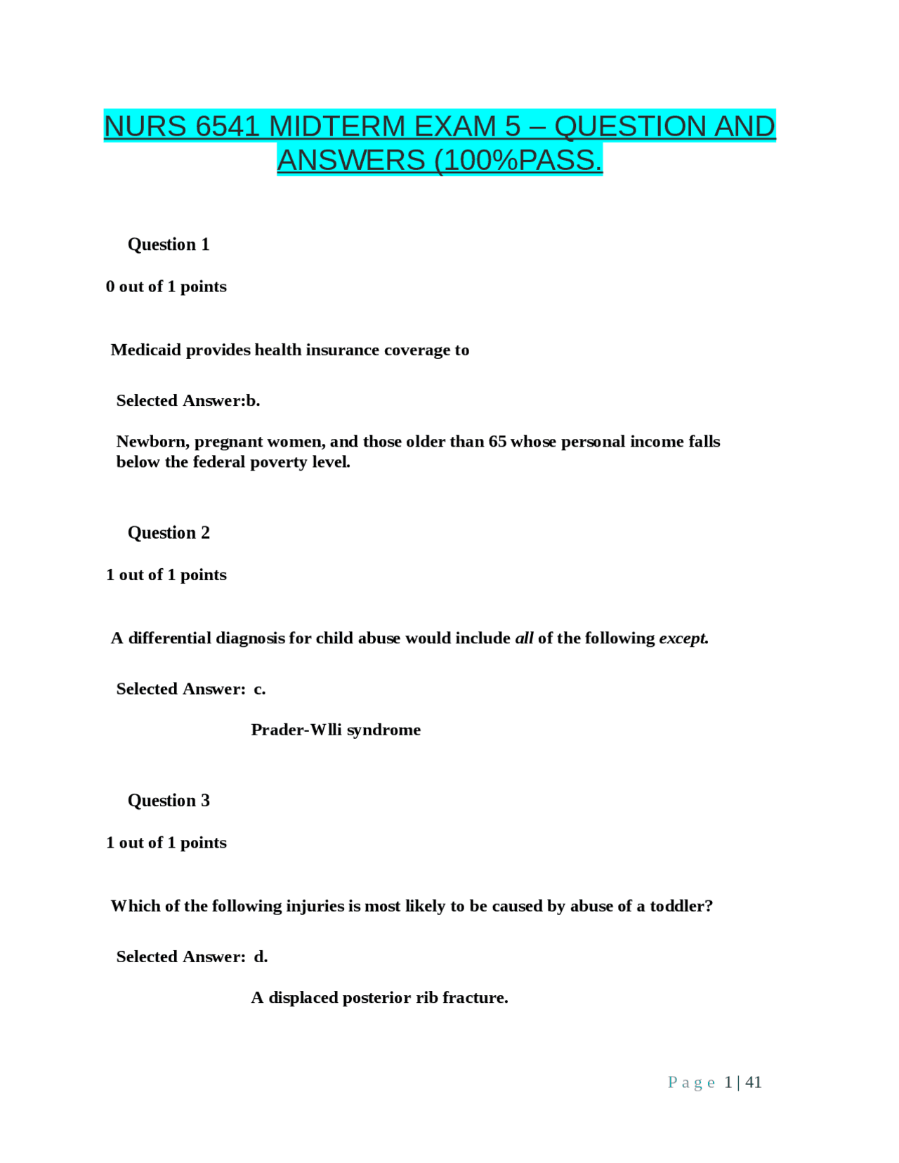 NURS 6541 Midterm Exam 5 - Question and Answers | Exams Nursing | Docsity