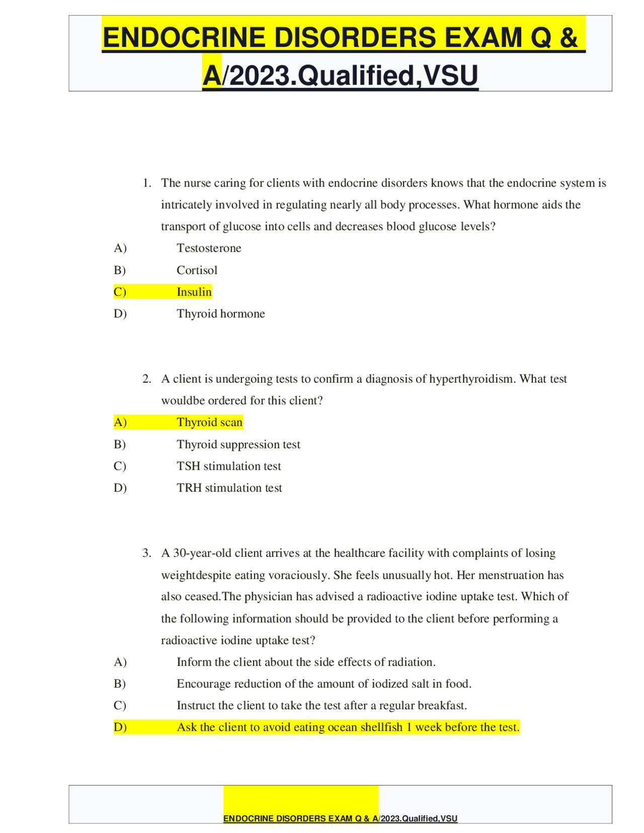 ENDOCRINE DISORDERS EXAM Q & A/2023 Qualified,VSU | Exams Nursing | Docsity