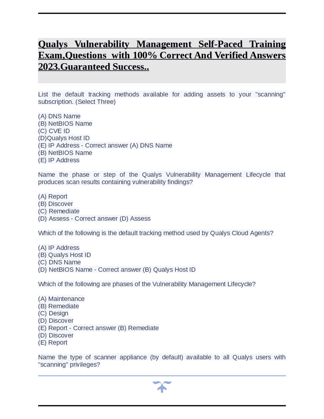 Qualys Vulnerability Management Self-Paced Training Exam,Questions with ...