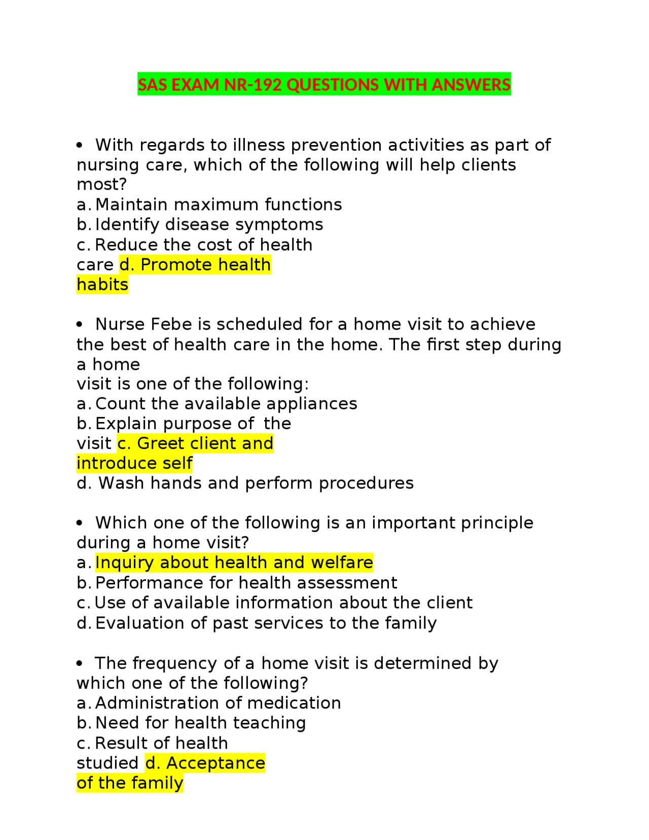 Sas Exam Nr 192 Questions With Answers Exams Nursing Docsity