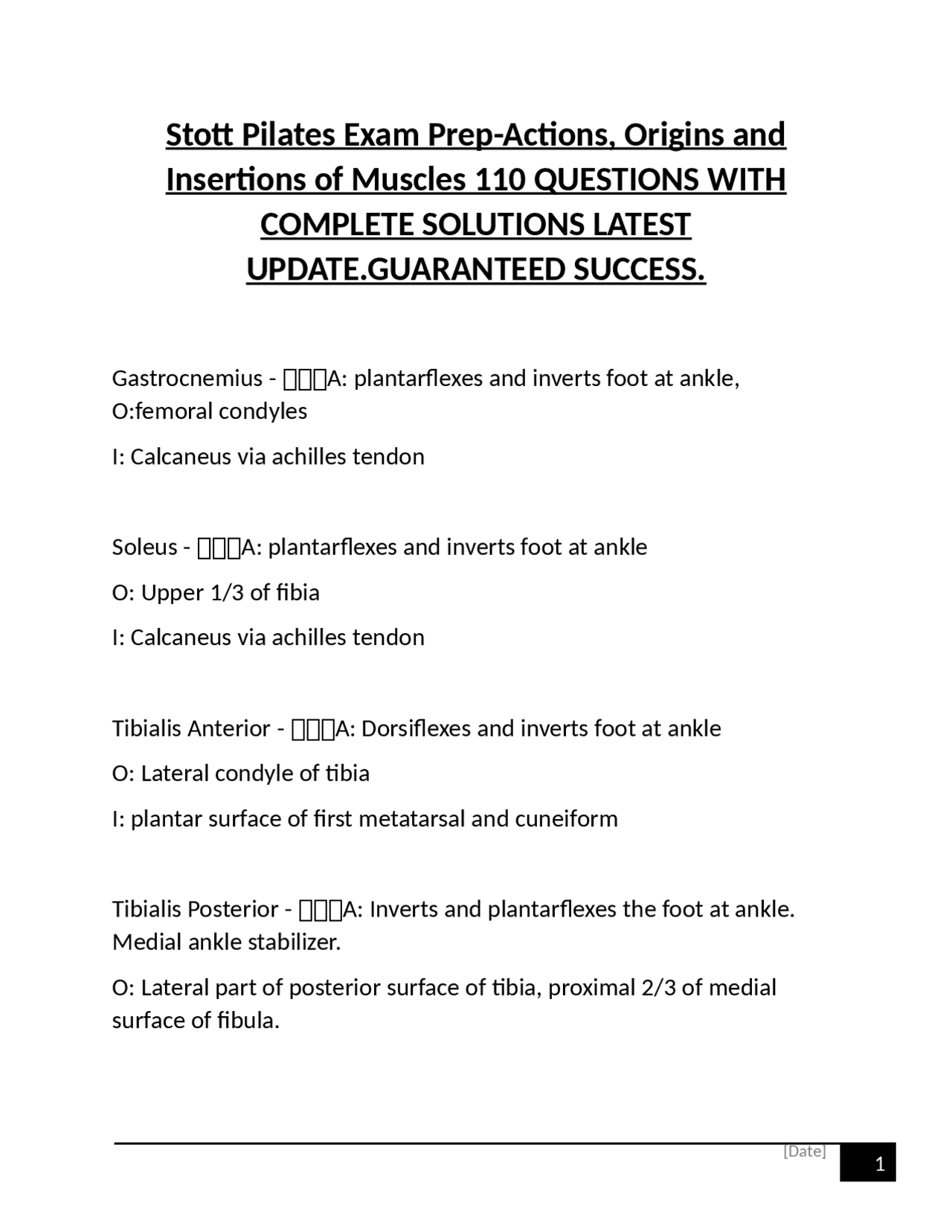 Stott Pilates Exam Prep-Actions, Origins and Insertions of Muscles 110 ...
