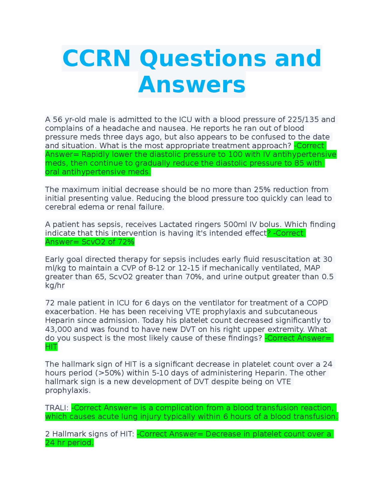 CCRN Questions and Answers Updated 2023-2024 Graded A+ | Exams Nursing ...