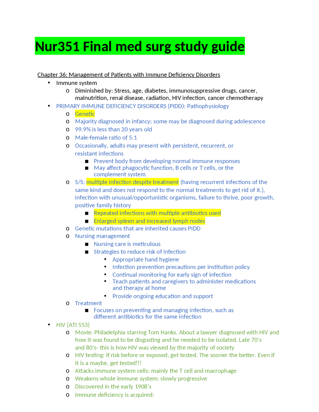 Nur351 Final med surg study guide | Exams Nursing | Docsity