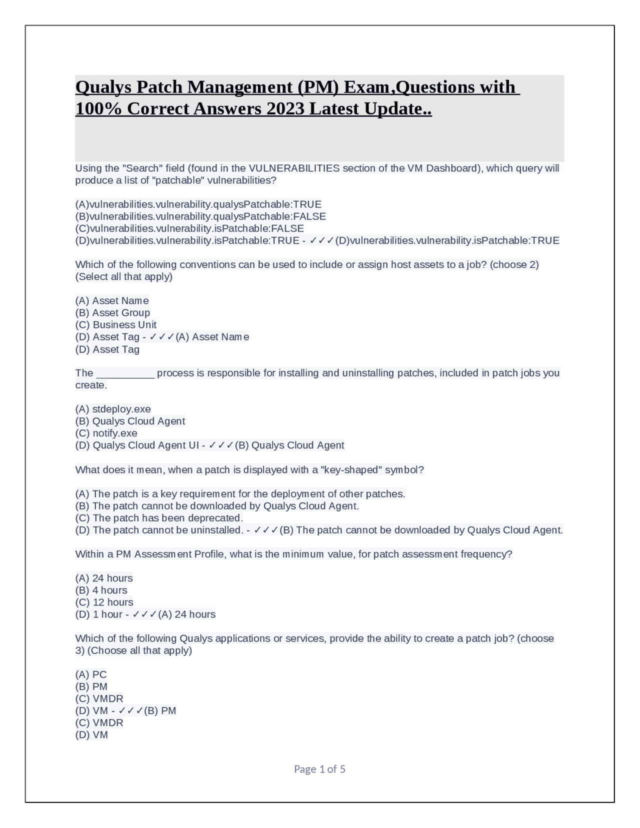 Qualys Patch Management (PM) Exam,Questions with 100% Correct Answers ...