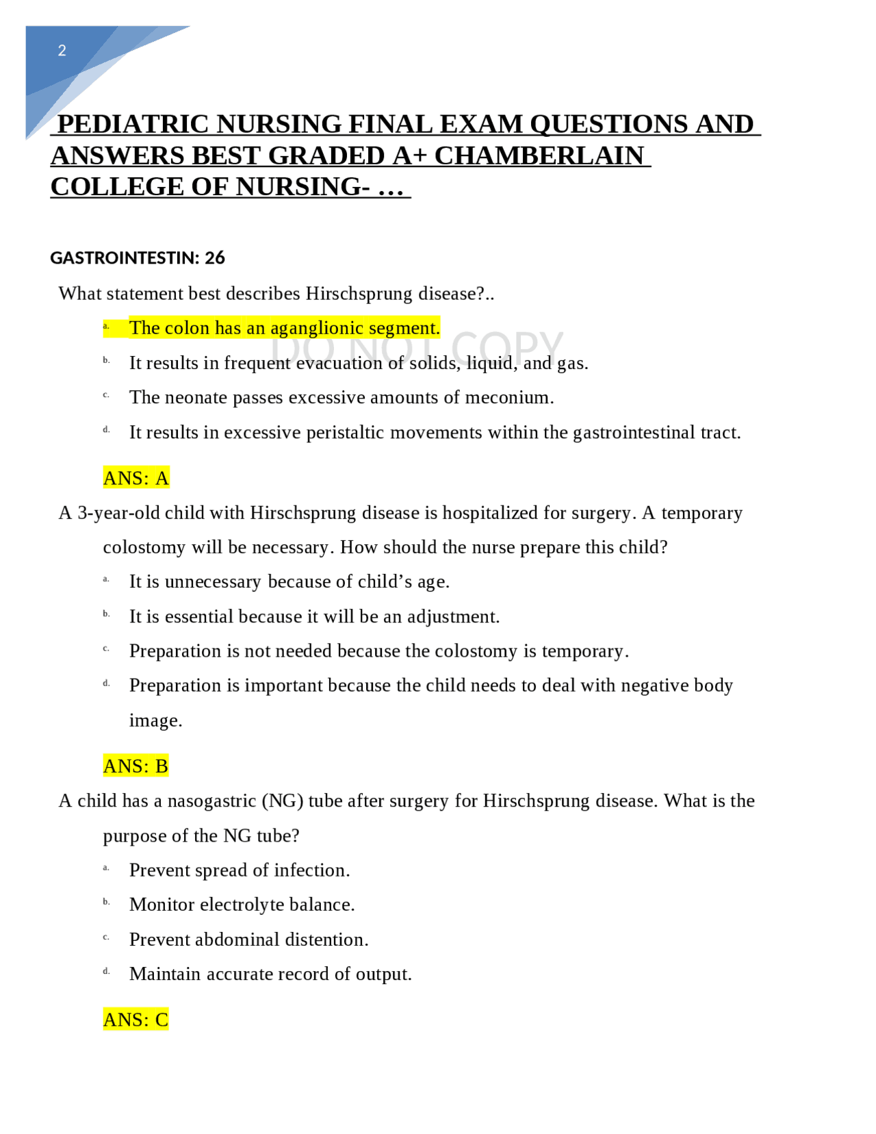 Pediatric Nursing Final Exam Questions and Answers | Exams Nursing | Docsity