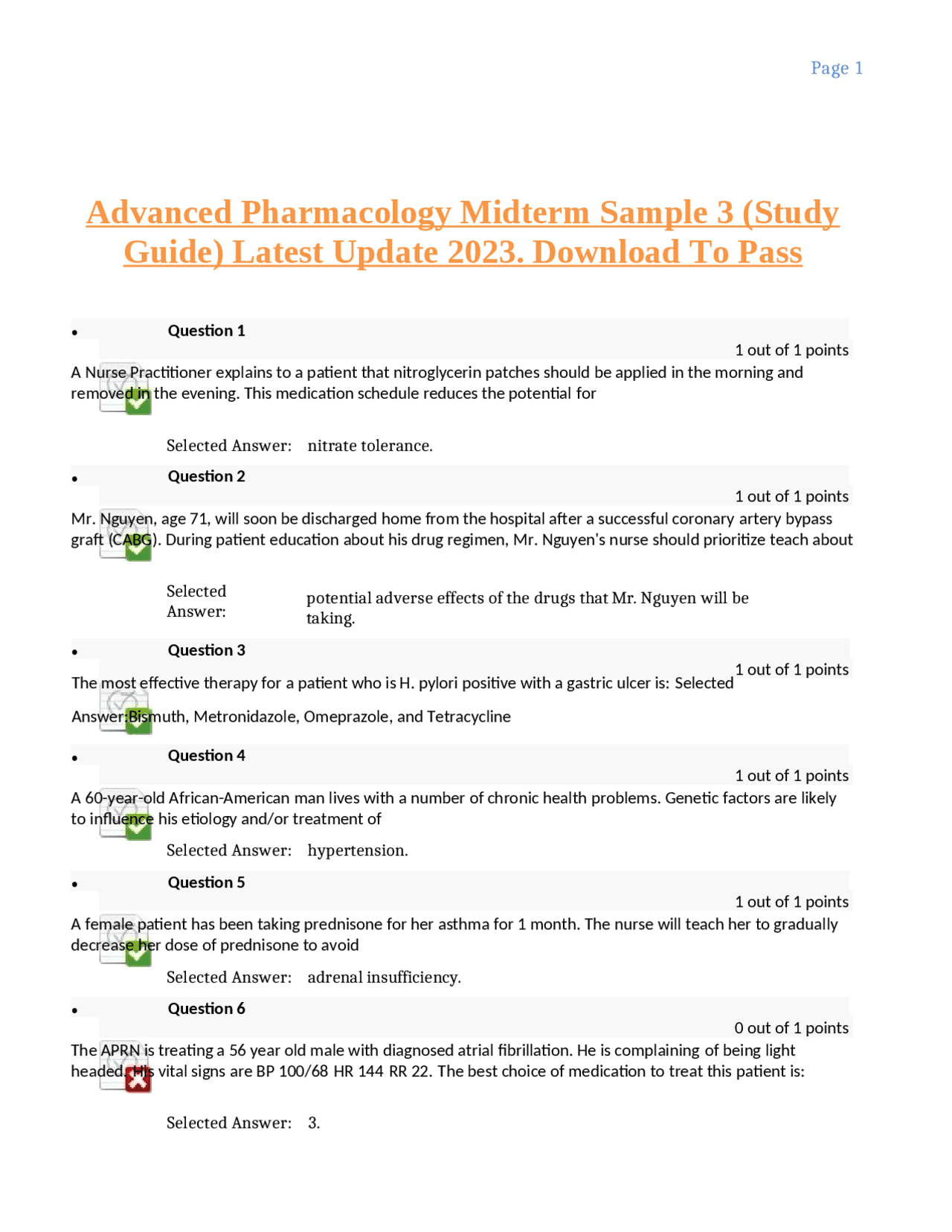 Advanced Pharmacology Midterm Sample 3 (Study Guide) Latest Update 2023 ...